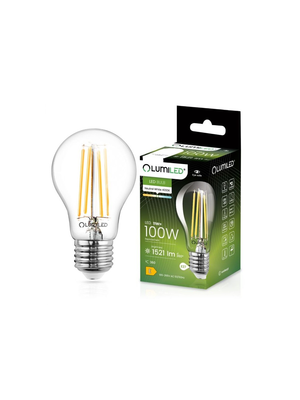 Żarówka LED E27 filament A60 11W 1521lm 4K LUMLEDJ0123 LumiLED Żarówka LED E27 filament A60 11W 1521lm 4K LUMLEDJ0123 LumiLED